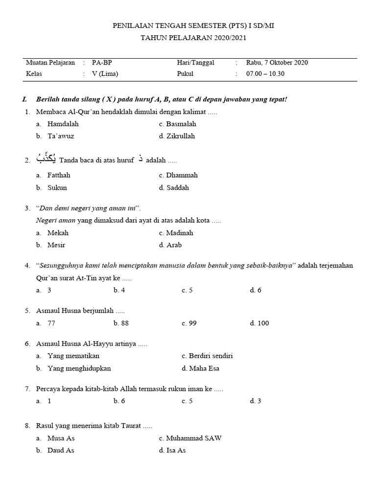 SOAL PTS 1 PAI Kelas 5 | PDF