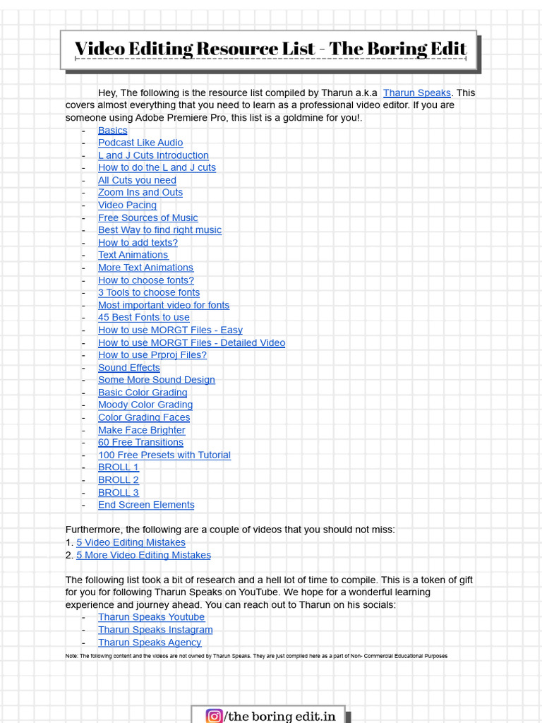 Tharun Speaks Video Editing Resource List | PDF