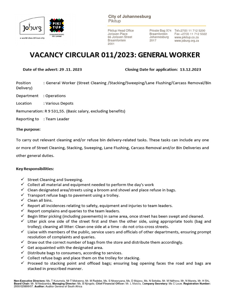 Pikitup General Worker Vacancies 2023 | PDF | Business | Justice