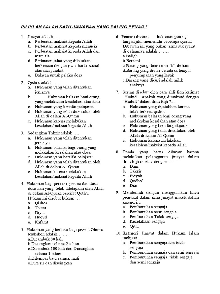 Latihan Soal Fiqh Jinayat, Qishos, Khamr | PDF