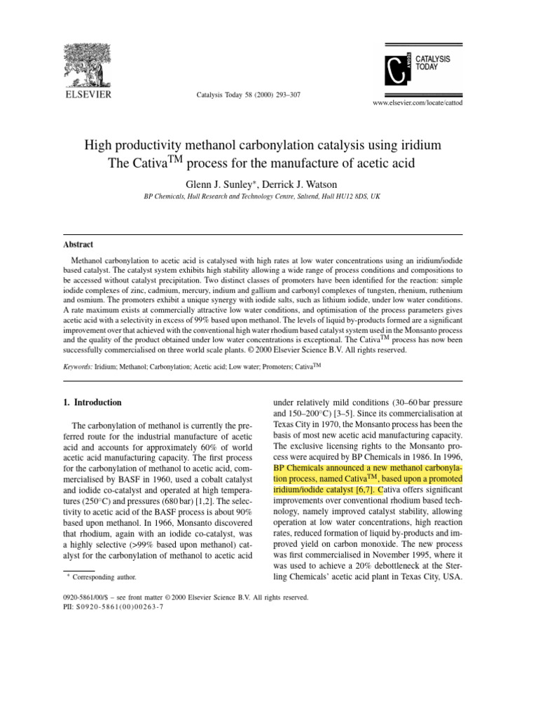 Iridium Catalyst in Cativa Methanol Carbonylation | PDF | Acetic Acid ...