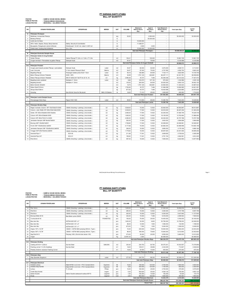 BoQ for Nickel Mining Sample House | PDF