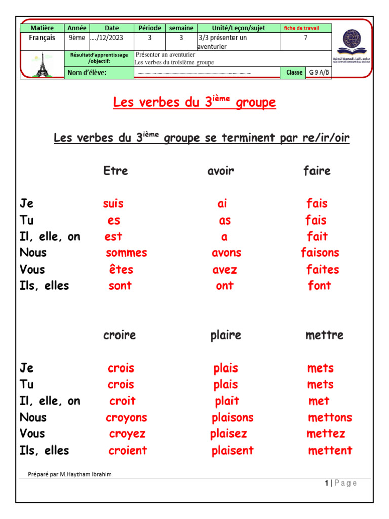 G9 - B3 - Sem3 - Fiche 7 - Les Verbes Du 3 Ième Groupe | PDF
