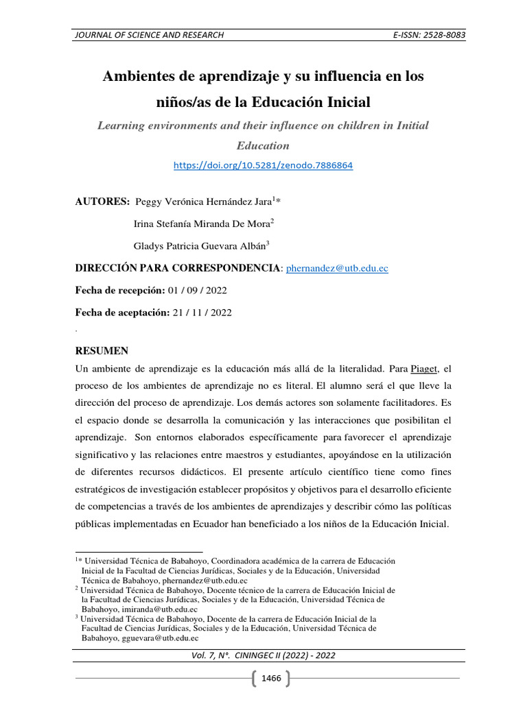 Ambientes de Aprendizaje y Su Influencia en Los Niños/as de La ...