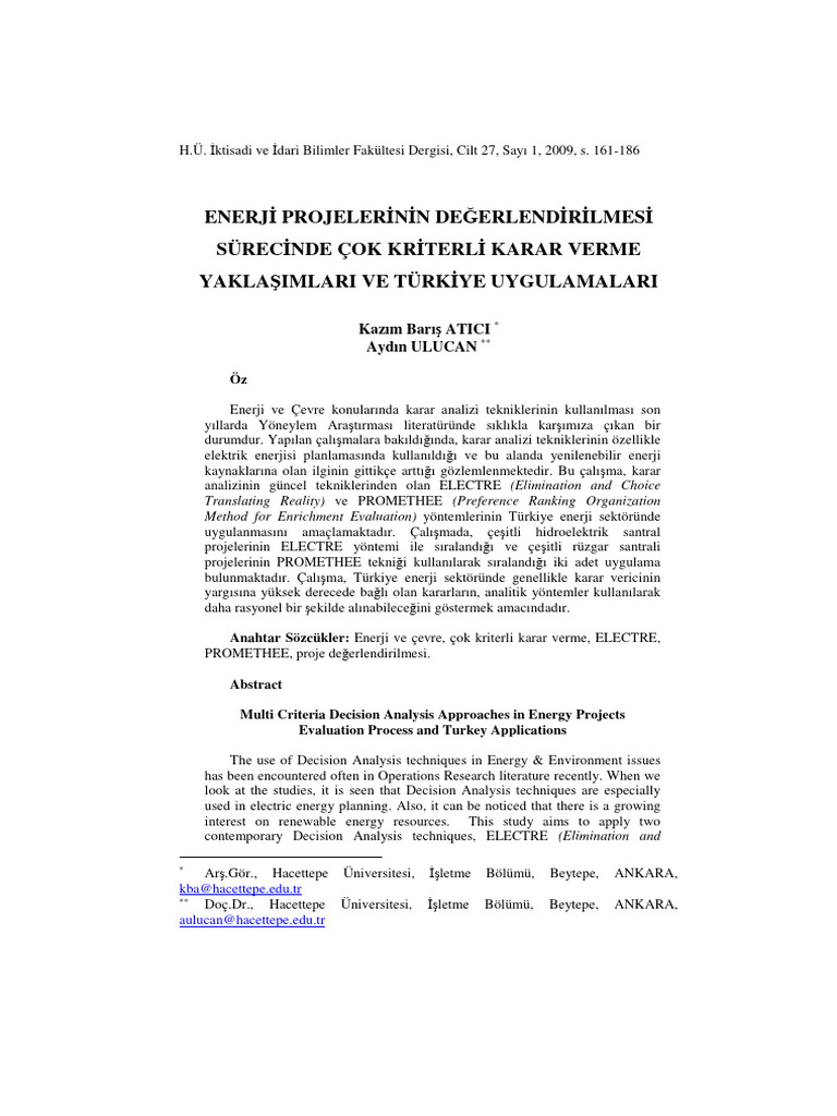 Enerj Projeler N N de Erlend R Lmes S Rec Nde Ok KR Terl Karar Verme Yakla Imlari Ve T RK Ye ...