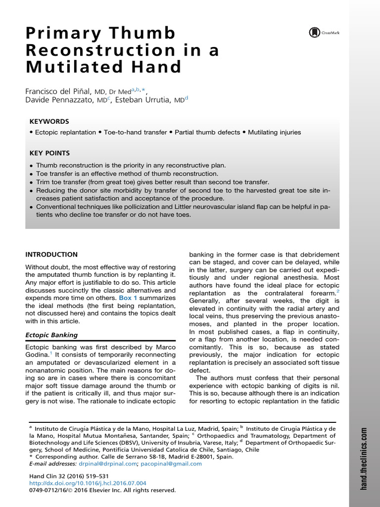 Primary Thumb Reconstruction in A Mutilated Hand | PDF | Thumb | Toe
