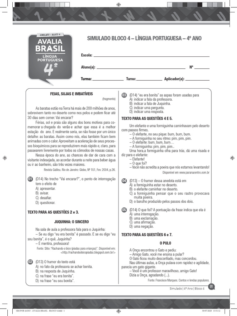 Sim Por 4ano - Avalia Brasil - Bloco 4 Final | PDF | Piadas