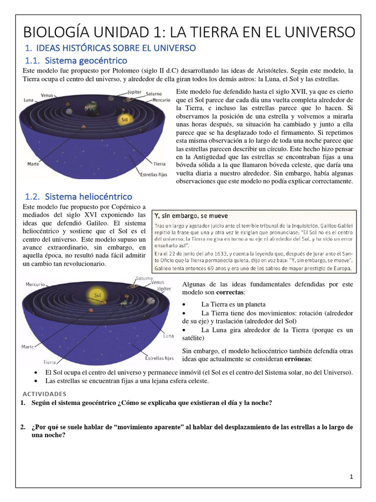 Fichas Unidad 1 La Tierra en El Universo 1 | PDF | Universo | Tierra