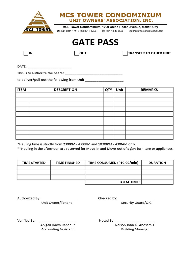 MCS Tower Gate Pass Template | PDF