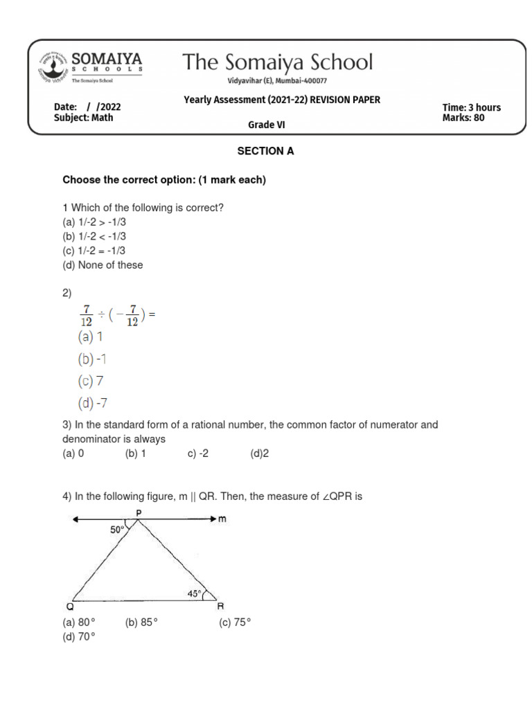 Somaiya - STD 7 (2021-22) - Sem 2 (Revision Paper) (Q) | PDF | Educational Assessment And ...