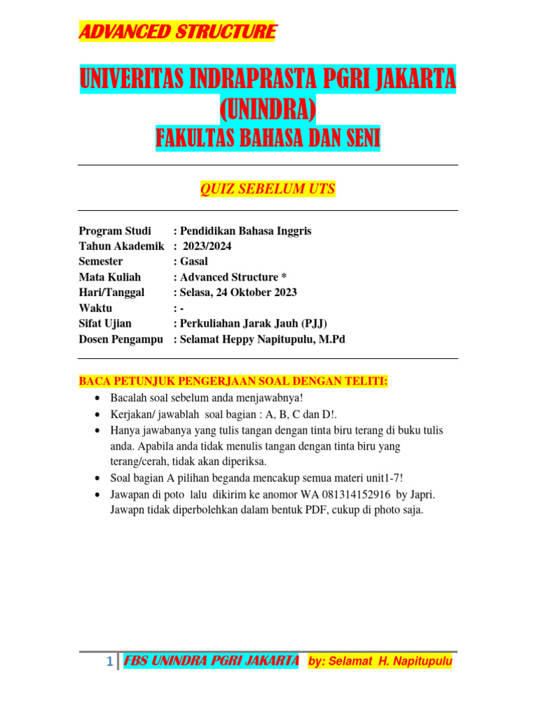 Advance Structure Soal - Quiz 1 Sebelum Uts Reguler Pagi - Malam | PDF