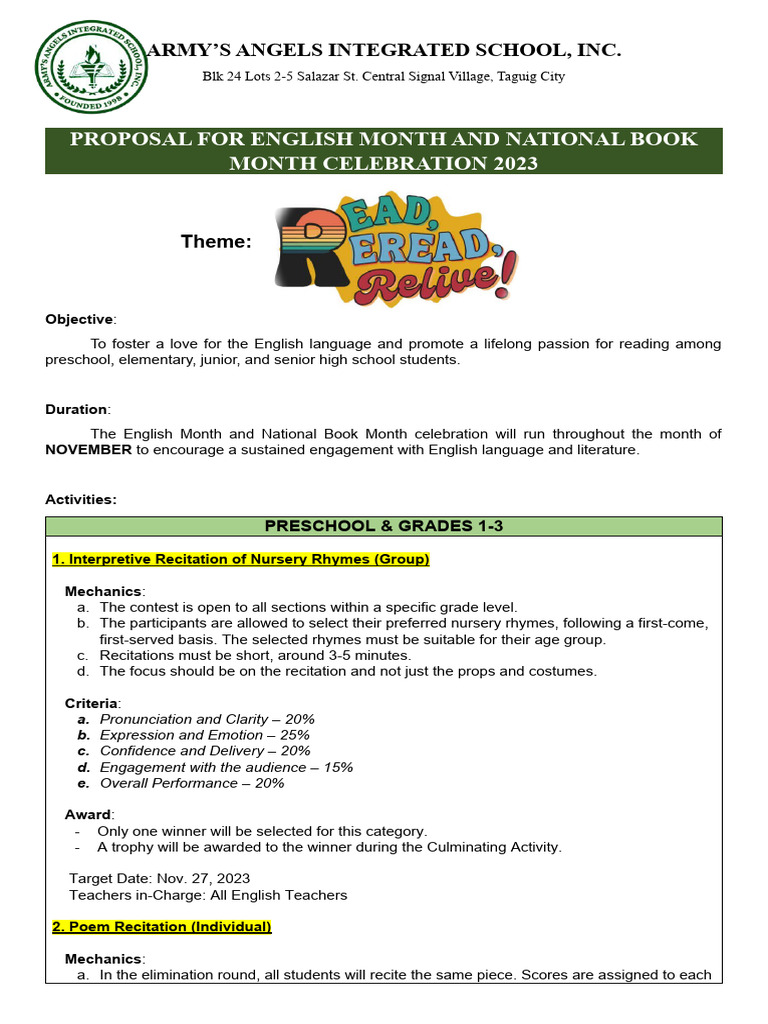 English Month and Book Month Activities Sy 2023 2024 | PDF