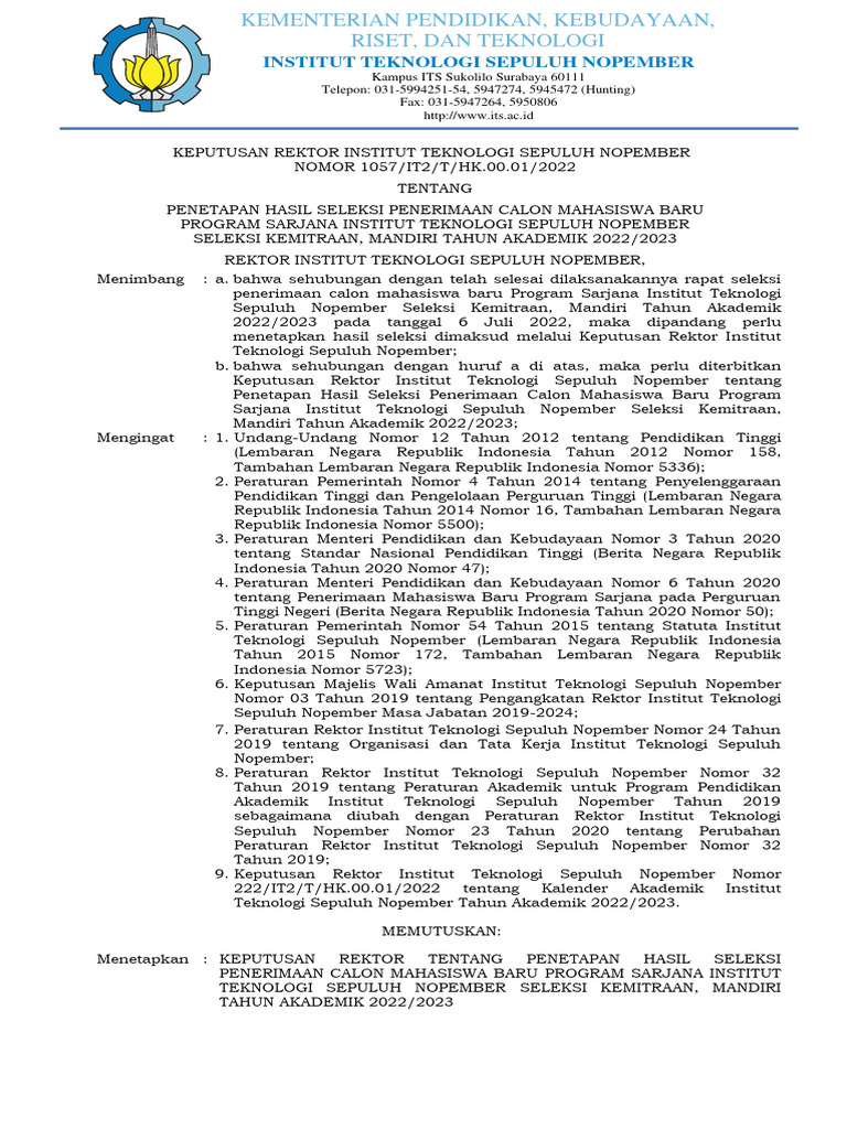 1057 SK Penetapan Calon Maba Seleksi SKM Tahun 2022 1 | PDF