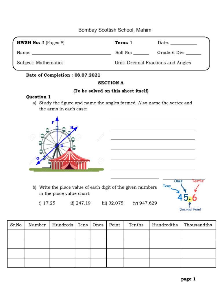 Math Worksheet: Decimals & Angles | PDF | Decimal | Numbers
