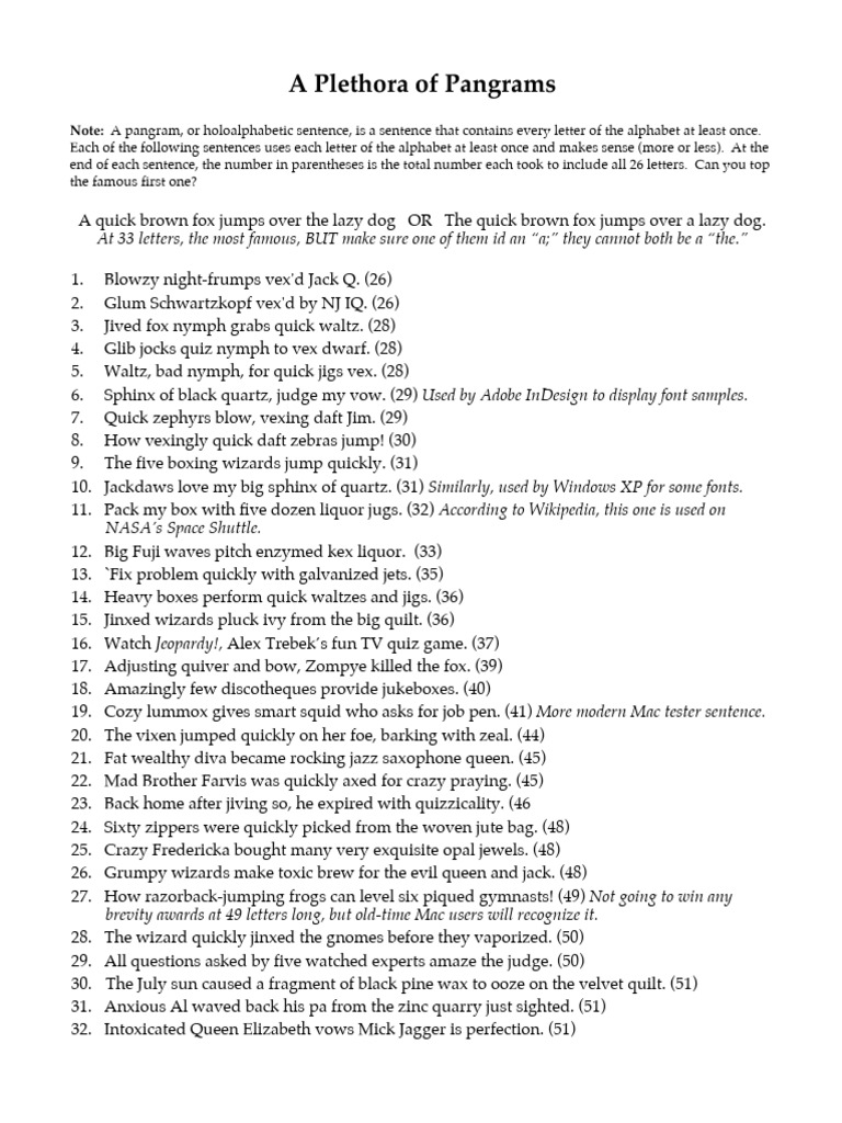 Plethora of Pangrams | PDF | Text | Writing
