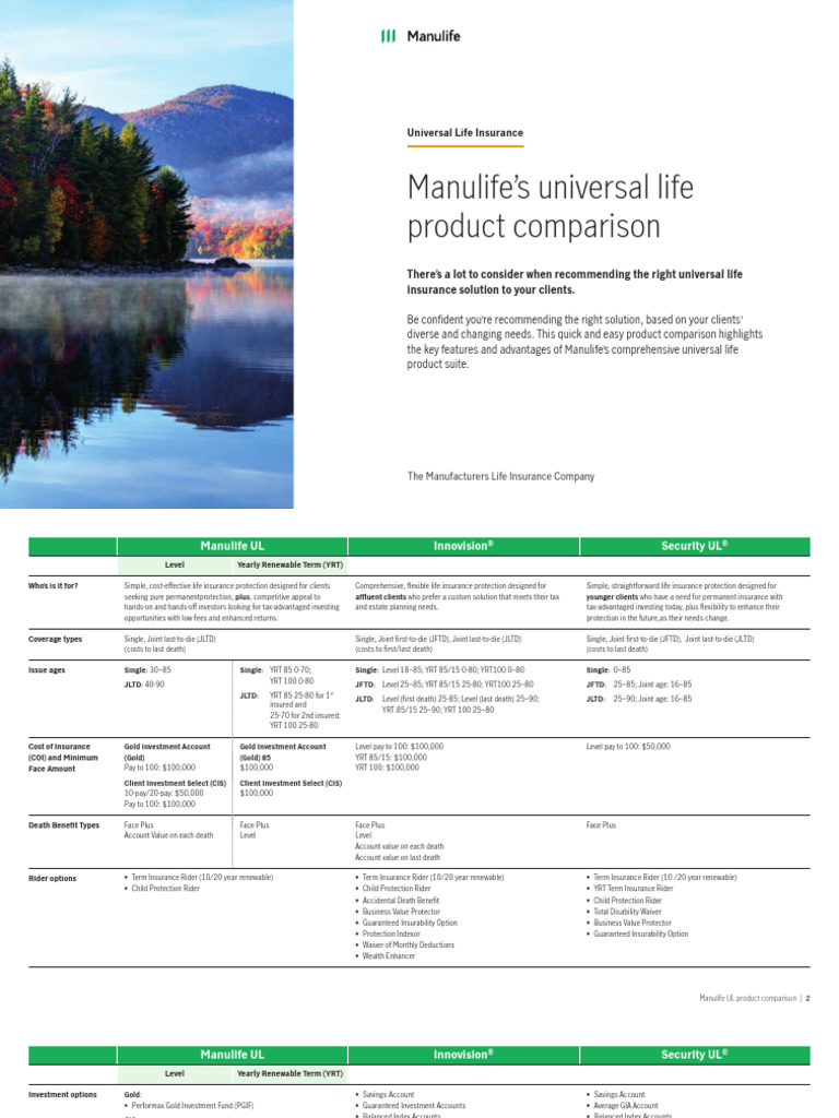 Manulife Insurance Universal Life Insurance Policy Comparison Mk3274e ...