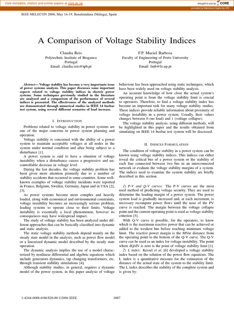 A Comparison of Voltage Stability Indices: Claudia Reis F.P. Maciel Barbosa | PDF | Eigenvalues ...