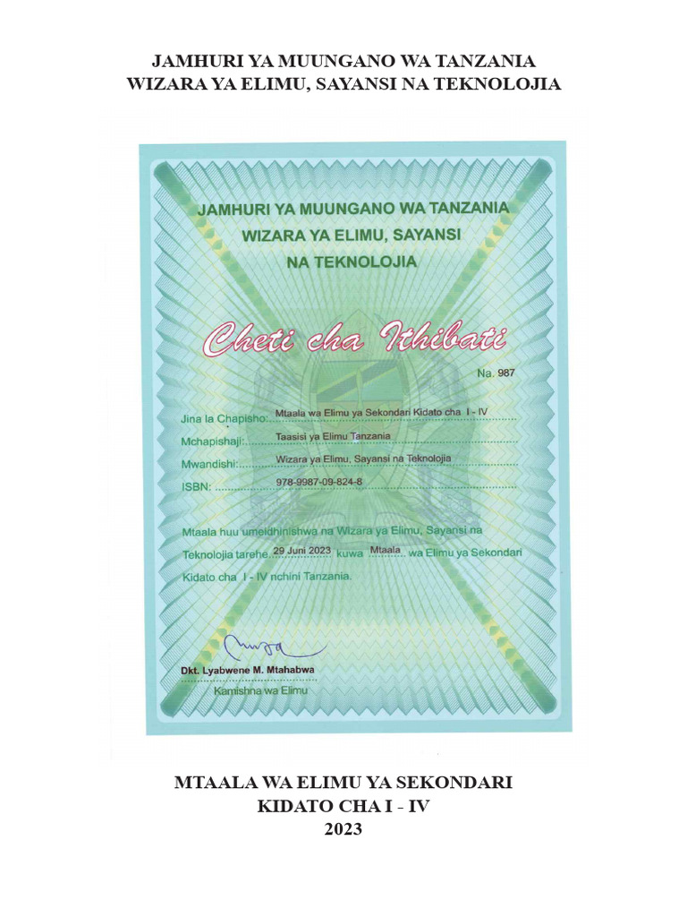 Mtaala Wa Elimu Ya Sekondari Kidato Cha I - IV | PDF Mtaala Wa Elimu Ya Sekondari Kidato Cha I - IV | PDF