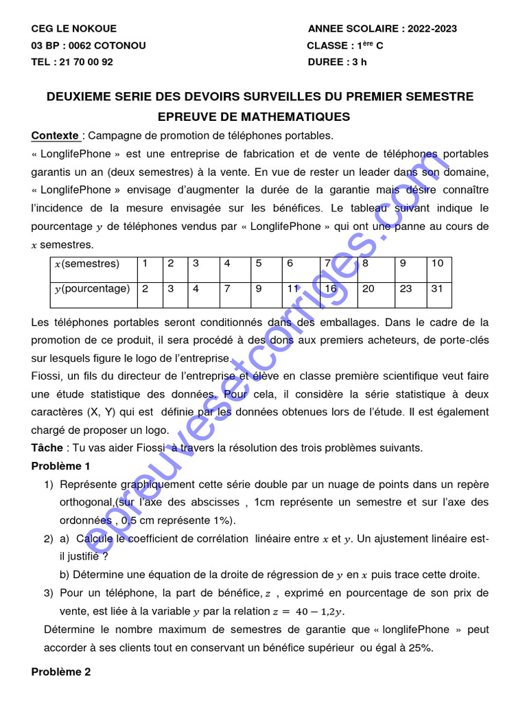 Mathematiques 1ere C, Deuxieme Devoir Du Premier Semestre 2022-2023 Ceg ...