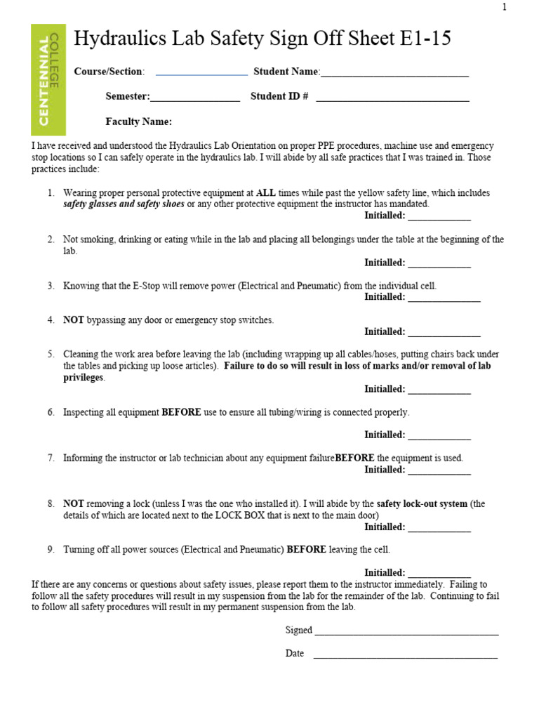 E1-15 Safety Sign Off Sheet - Full Ver | PDF