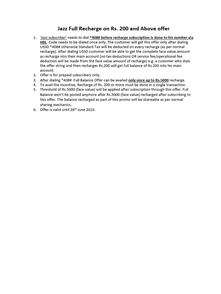 Jazz Full Recharge On Rs 200 or Above Offer | PDF