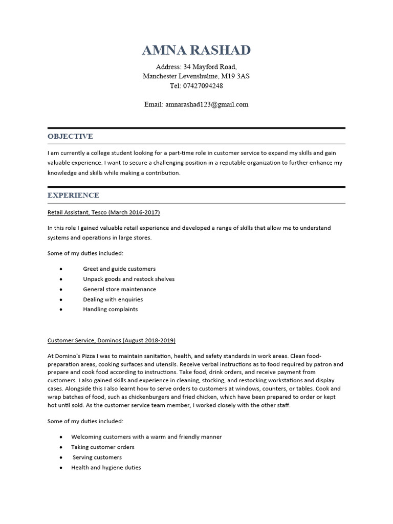 Amna's New CV | PDF | Waiting Staff