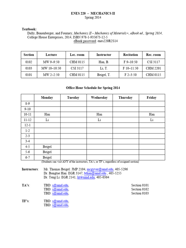 220S14 - Syllabus (Tentative) | PDF | Beam (Structure) | Equations