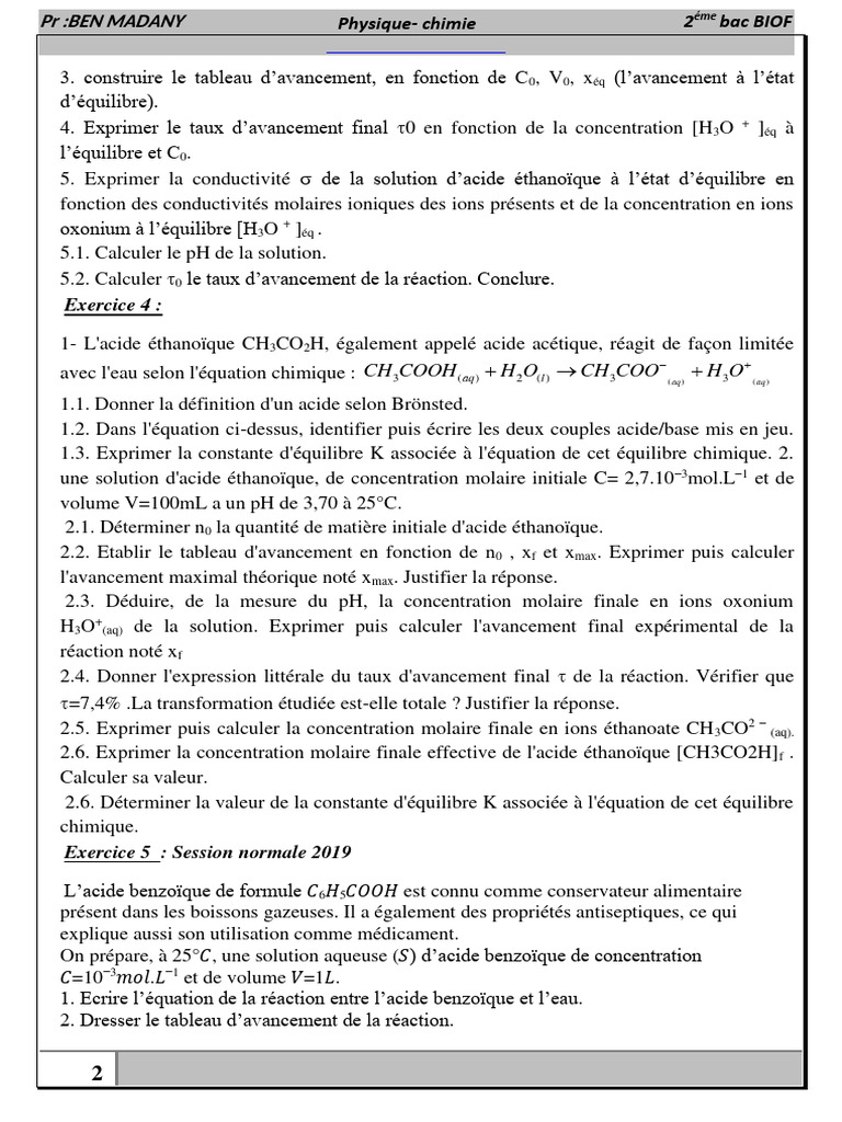 Série D'exercices N°1 - Sciences Physiques - Bac Sciences Exp (2023 ...