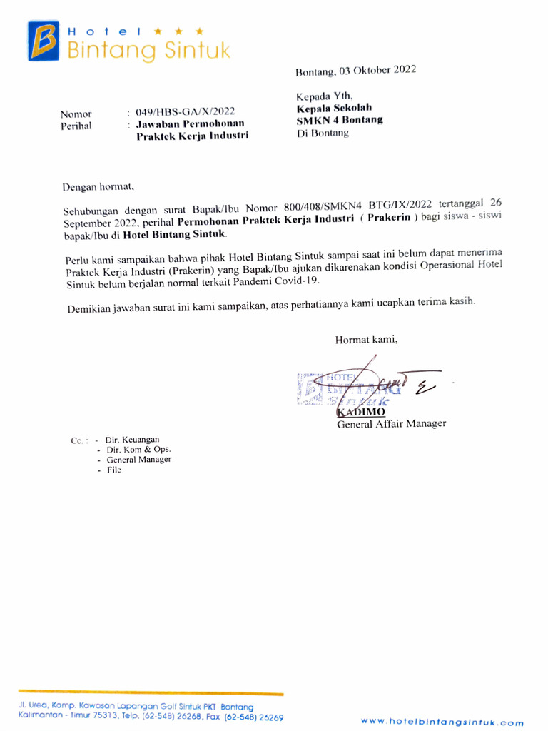 Prakerin Ditolak Hotel Sintuk | PDF