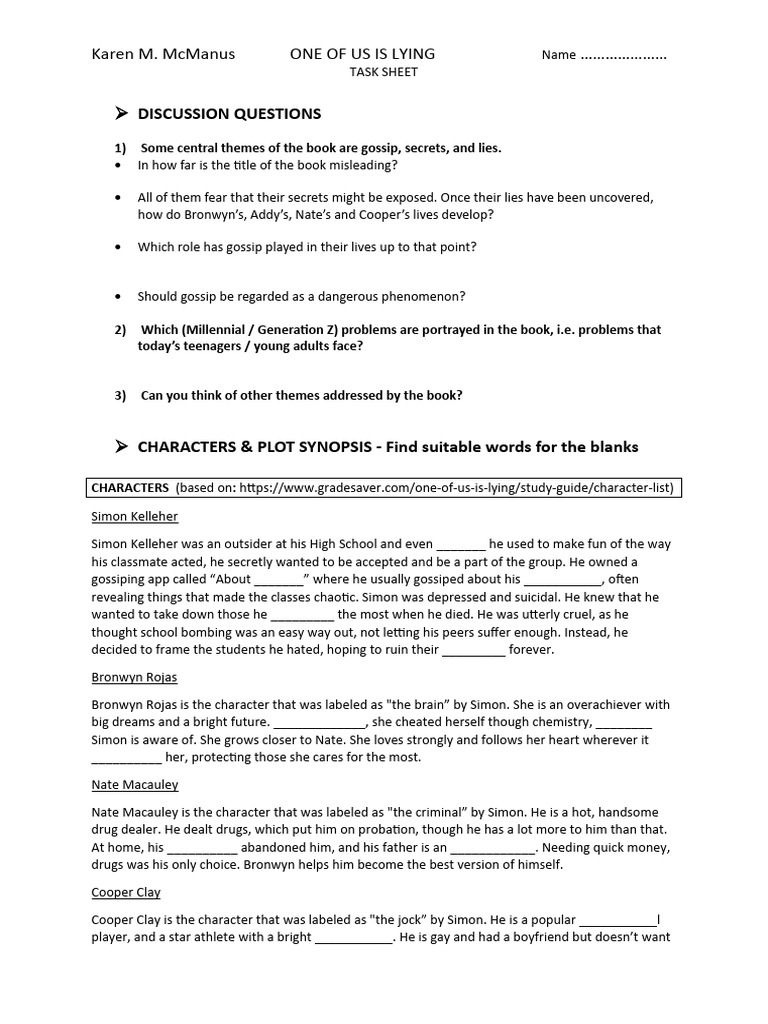 One of Us Is Lying - Tasks - Students | PDF