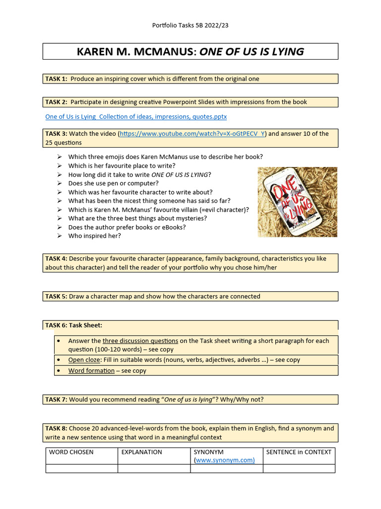 Portfolio - One of Us Is Lying - Tasks | PDF