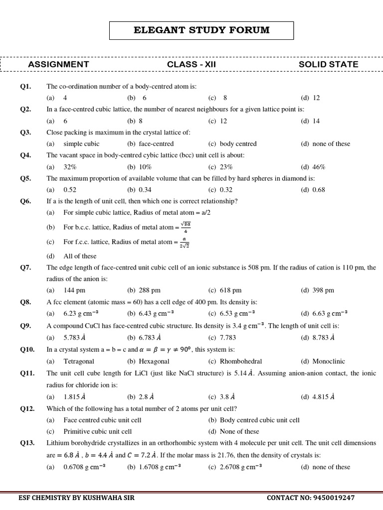 (Xii) Solid State (Assignment) | PDF | Crystal Structure | Physical Sciences