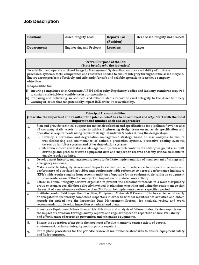 JD Lead Asset Integrity Engineer - R02 - Wo | PDF | Pipeline Transport ...