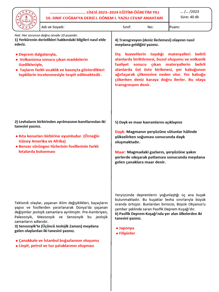 10 Sinif 1 Donem 1 Yazili Cevap Anahtari 2023 2024 | PDF