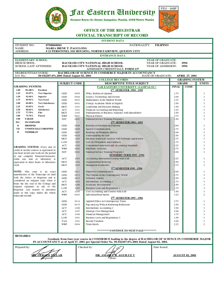 Far Eastern University: Office of The Registrar Official Transcript of ...