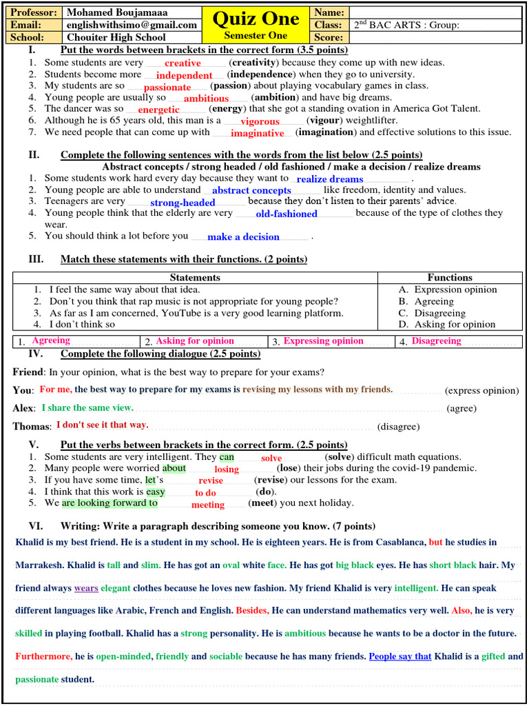 CORRECTION 1 Unit One Quiz One Version 1 BY ENGLISH WITH SIMO | PDF