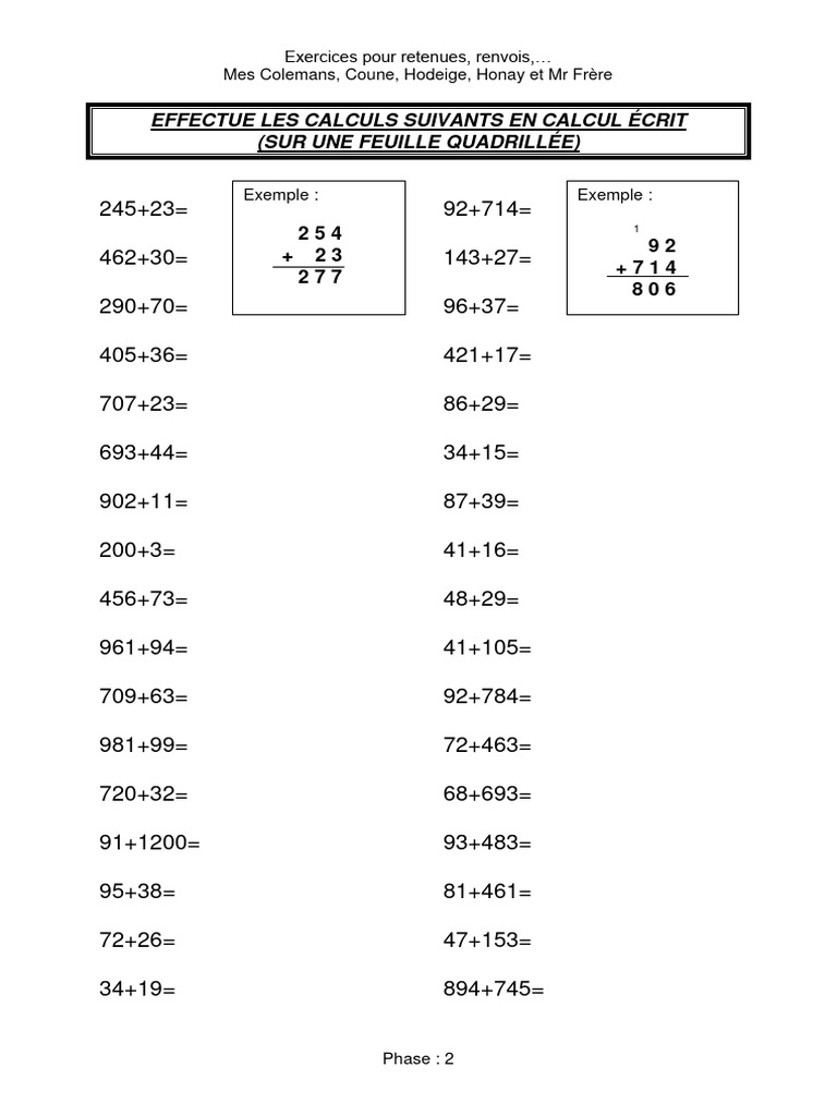 Exercices de calcul écrit CP à CE2 | PDF