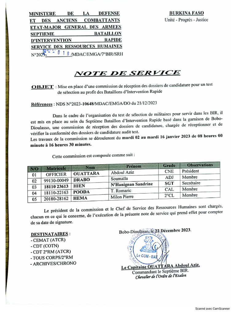 NDS 7°BIR pour test de sélection | PDF