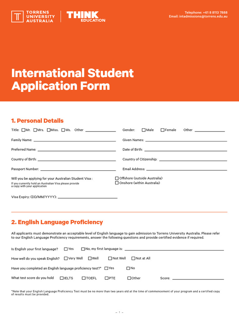 International Student Application Form Torrens University July 2021 | PDF