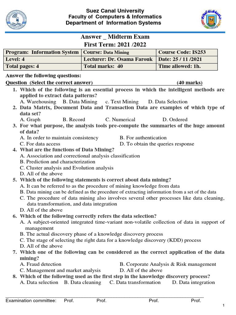 Answer Midterm Exam Data Mining1 2021 - 2022 | PDF | Data Mining | Data