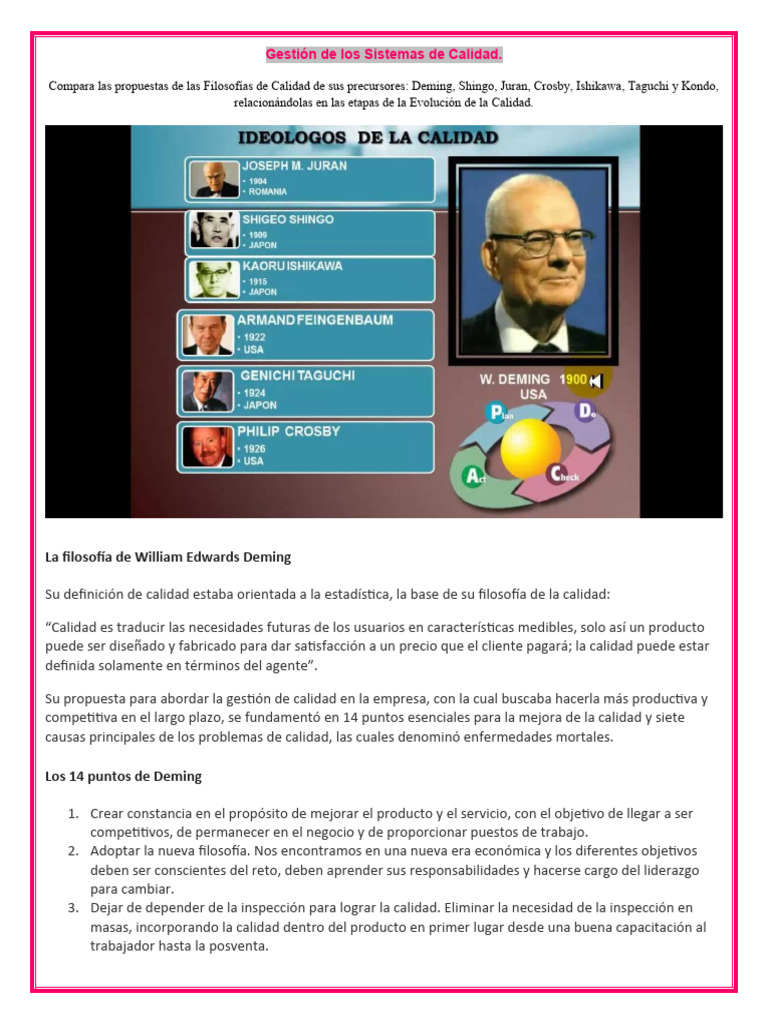 Filosofías de Calidad: Deming, Juran e Ishikawa | PDF | Calidad (comercial) | Producción y ...