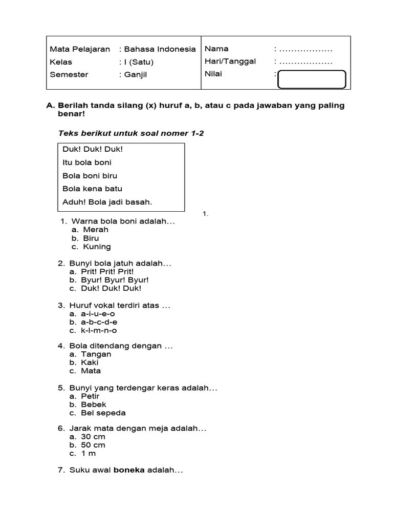 Soal SAS 1 B. Indonesia Kelas 1 | PDF