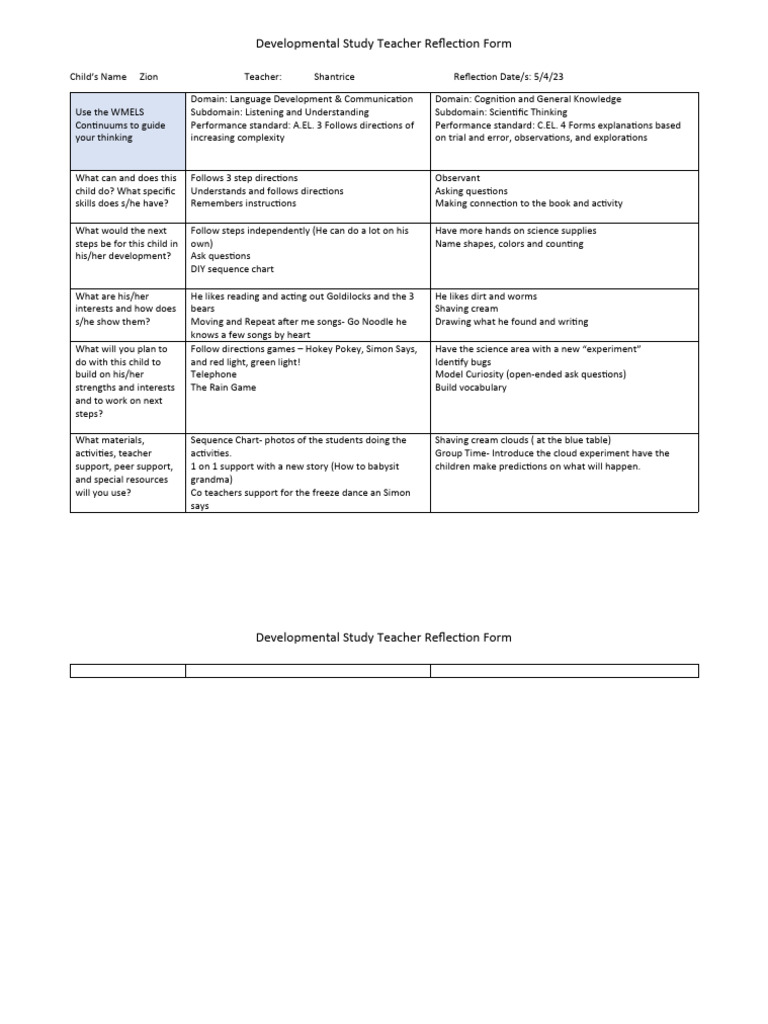 Developmental Study Teacher Reflection Form 1 | Download Free PDF ...