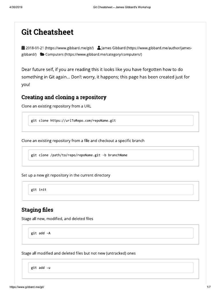 Git Cheatsheet - James Gibbard's Workshop | PDF
