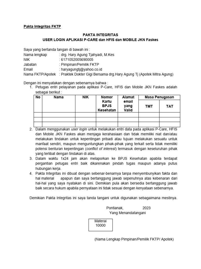 Pakta Integritas P-Care Dan HFIS FKTP | PDF