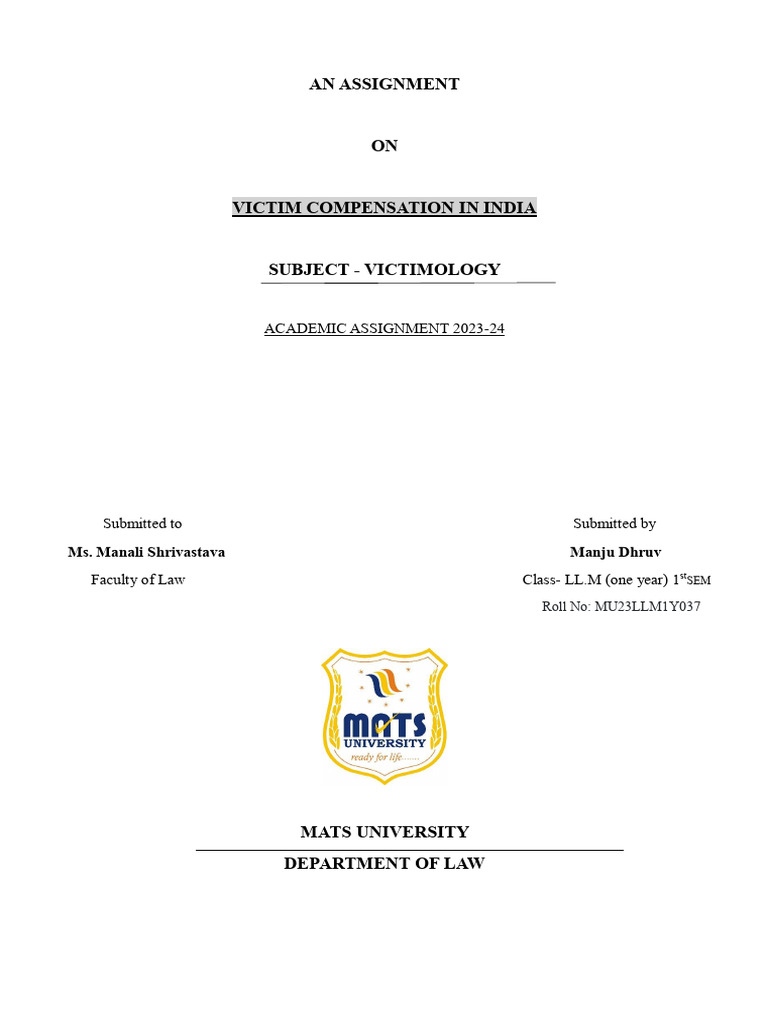 AN ASSIGNMENT On Victim Compensation | PDF | Damages | Tort