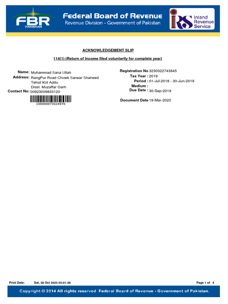 Income Tax Acknowledgement Slip 2019 | PDF | Expense | Taxes