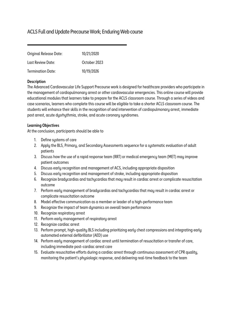 333 Activity Promotion ACLS Full and Update Precourse Work - TP | PDF