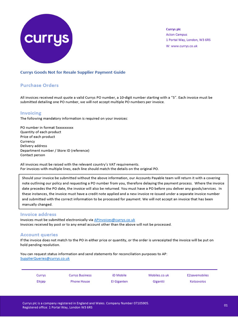 Currys Goods Not For Resale Supplier Payment Guide | PDF | Invoice ...