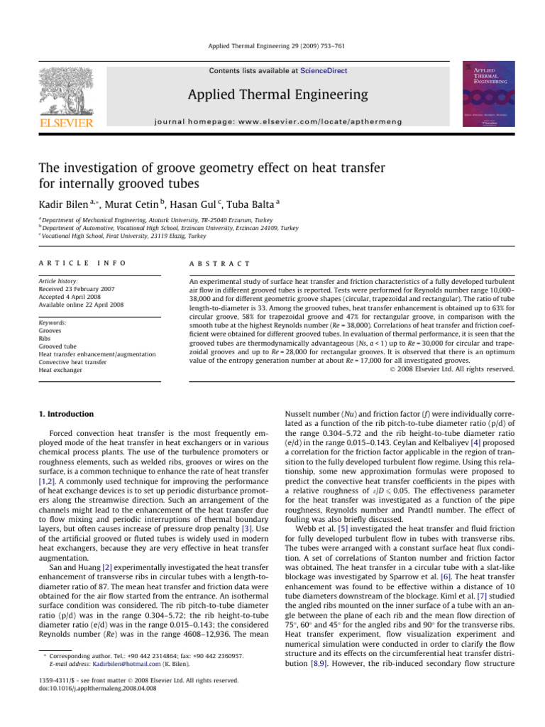 The Investigation of Grove Geometry Effect For Internally Grooved Tubes ...